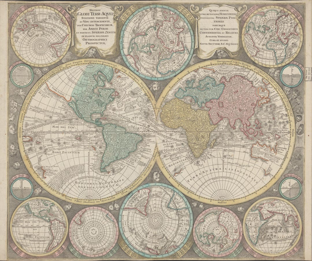 Vintage Sphere World Map: 1740 Map Shows 2 Hemisphere & 8 Ancillary ...