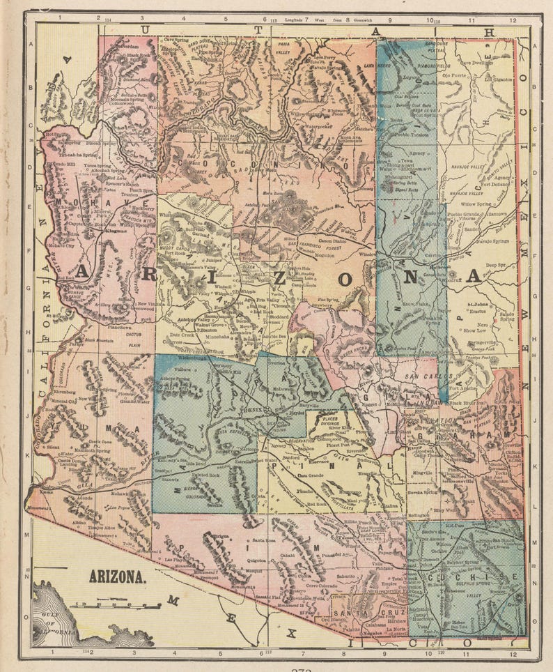 Vintage Arizona State Map: 1800s Historical State Map Print (digital ...