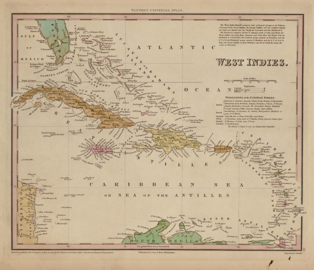Vintage 1844 West Indies Map: Historical Caribbean Map Print (digital ...