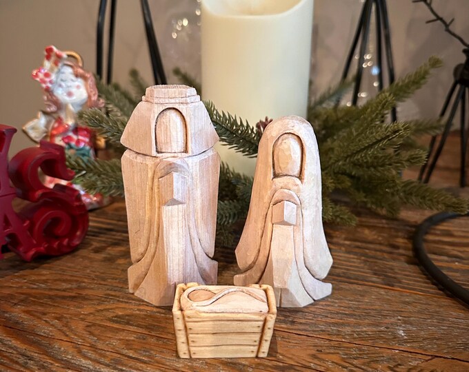 Hand Carved Wood Nativity Set. 3 Individual Pieces. Basswood and Hand ...
