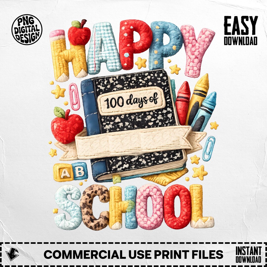 100 Days of School PNG, Digital Download, Teacher Design, Commercial ...