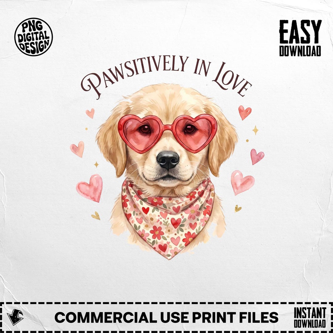 Dog PNG Valentine, Golden Retriever, Pawsitively in Love, Heart Glasses ...