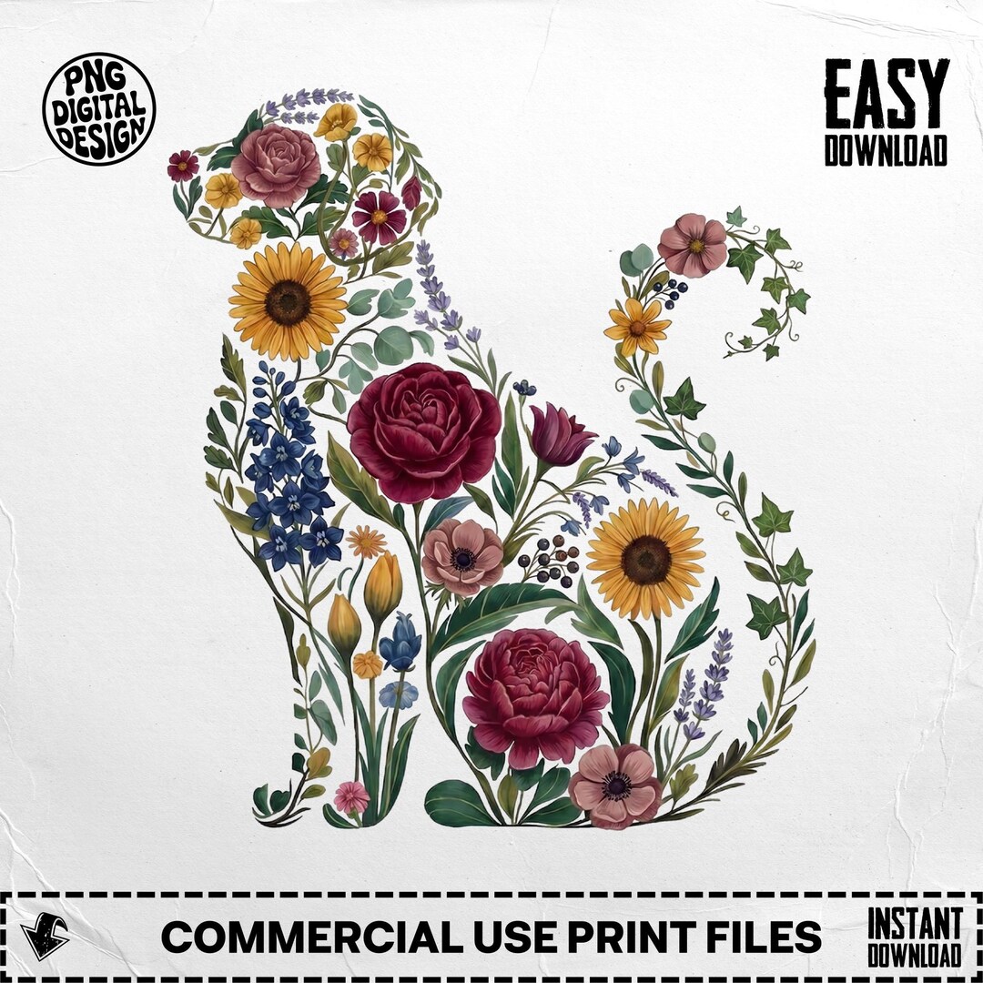 Dog Floral PNG, Digital Download, Flower Dog Design, Clipart for ...