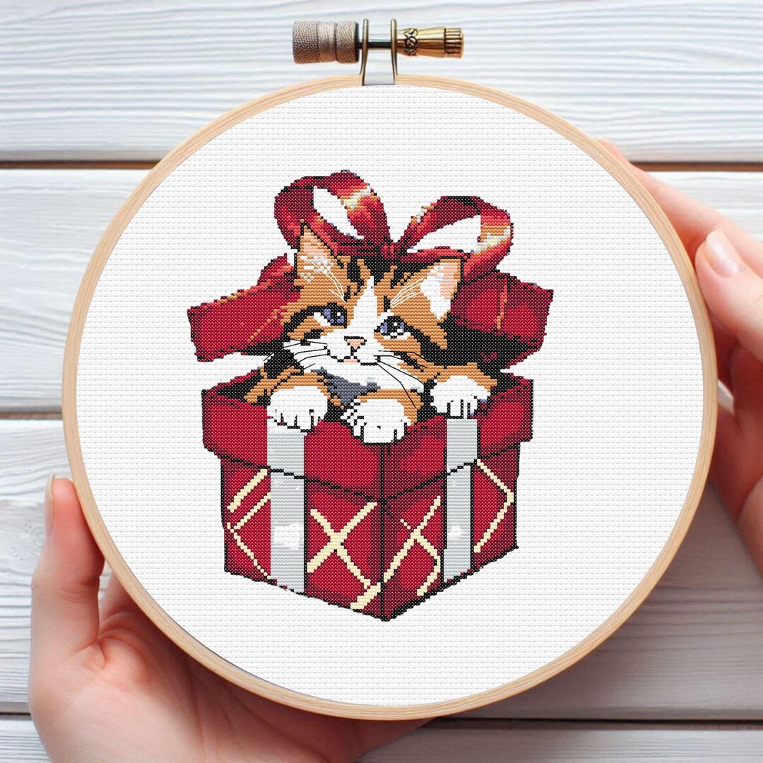 Cat in Gift Box Cross Stitch Pattern – Beginner Friendly DIY (PDF) - Etsy