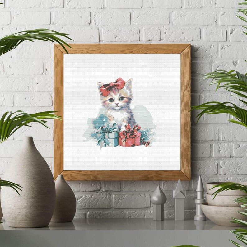 Christmas Cat Cross Stitch Pattern - Cute Kitten With Gifts (PDF ...
