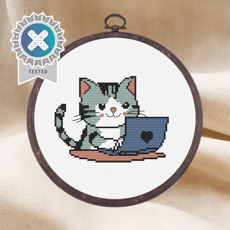 Cute Cat on Laptop Cross Stitch Pattern - Whimsical Beginner Design ...