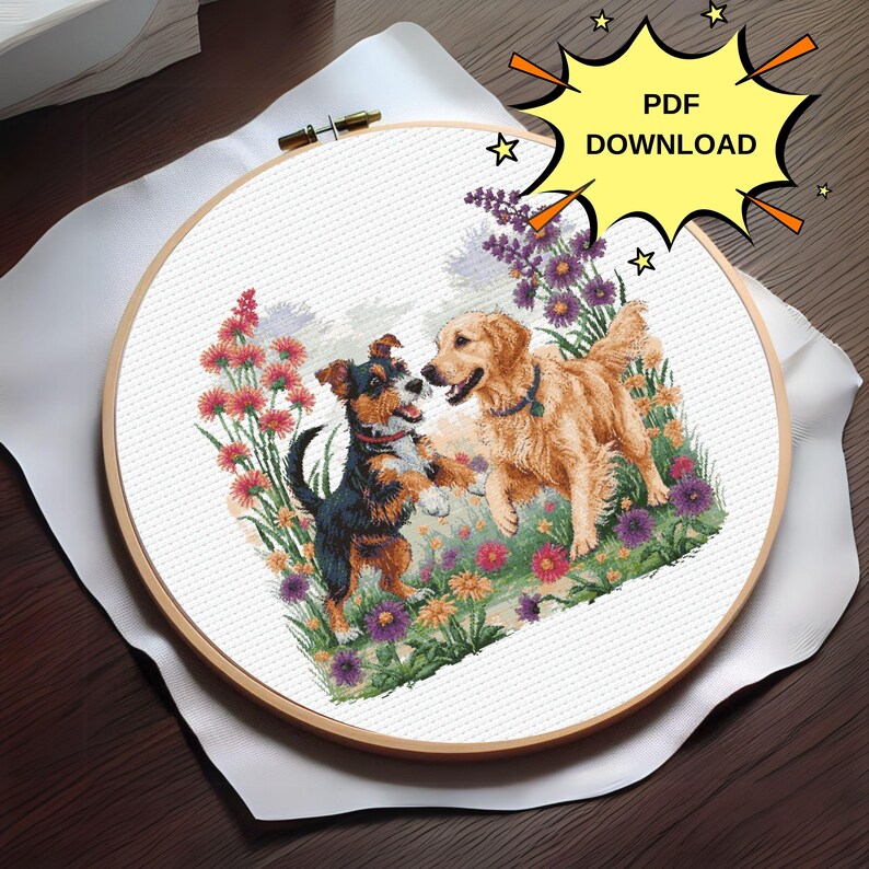 Playing Dogs Cross Stitch Pattern. Downloadable and Printed Digital PDF ...