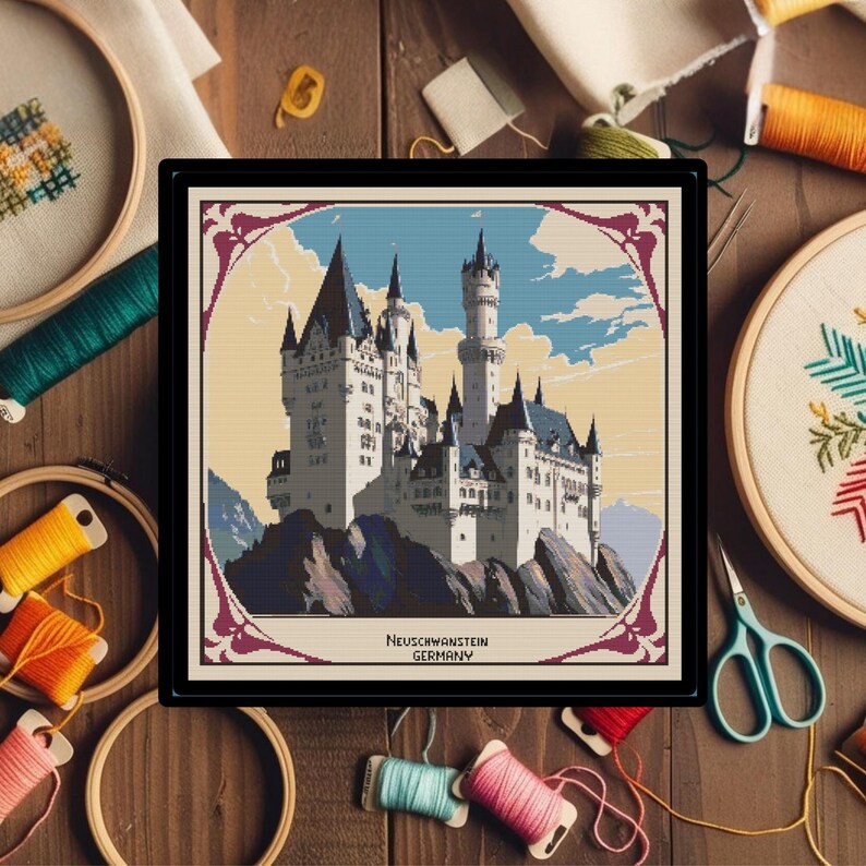 Neuschwanstein Castle Cross Stitch Pattern: Germany Travel Embroidery ...