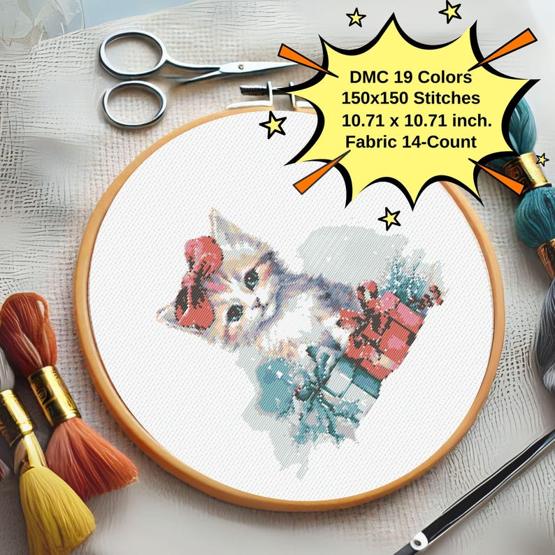 Christmas Cat Cross Stitch Pattern - Cute Kitten With Gifts (PDF ...