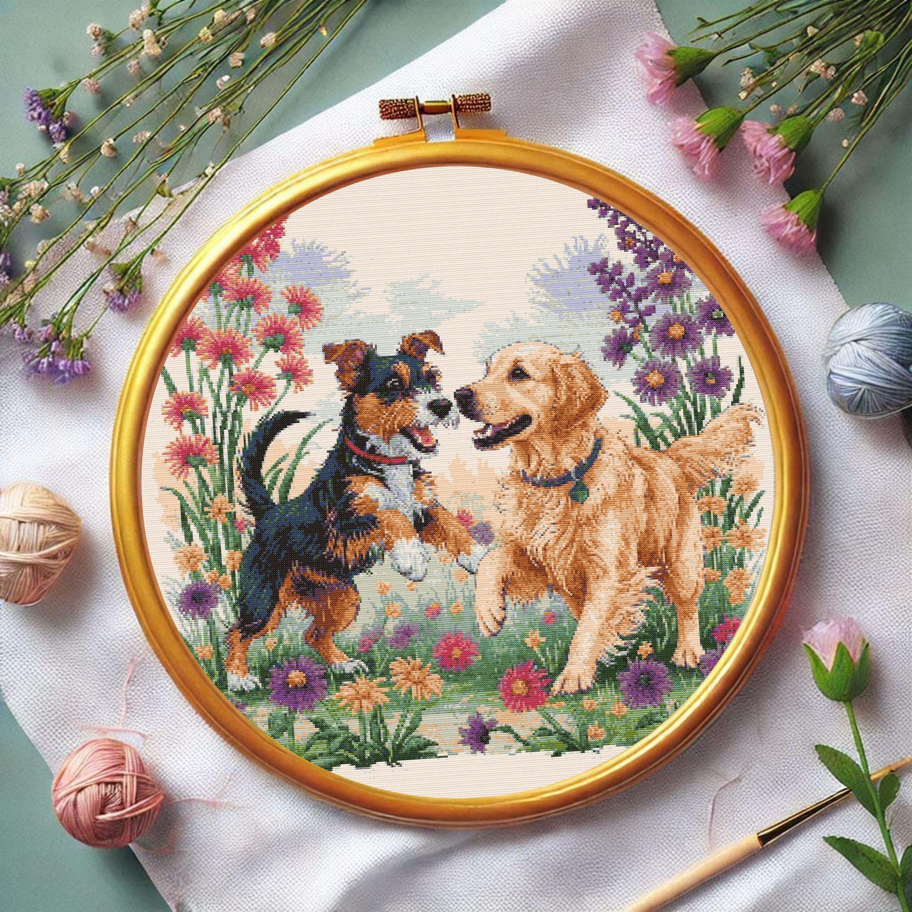 Playing Dogs Cross Stitch Pattern. Downloadable and Printed Digital PDF ...