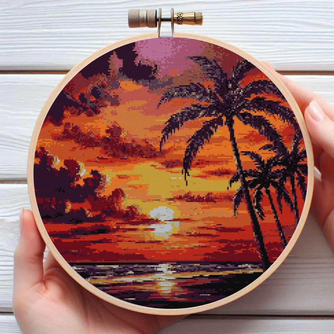 Sunset Beach With Palm Trees Cross Stitch Pattern - Downloadable ...