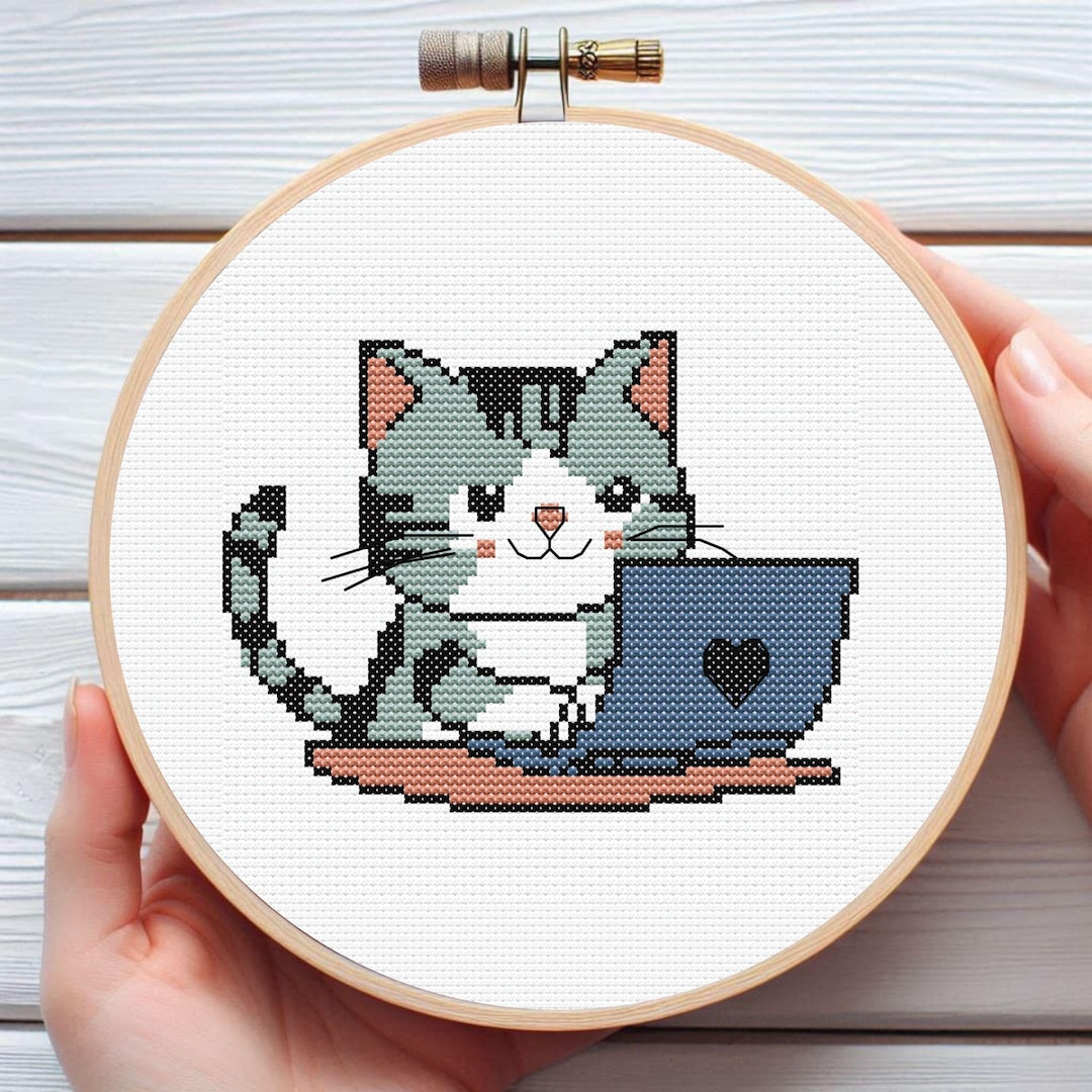 Cute Cat Using Computer Cross Stitch Pattern - Downloadable Digital ...