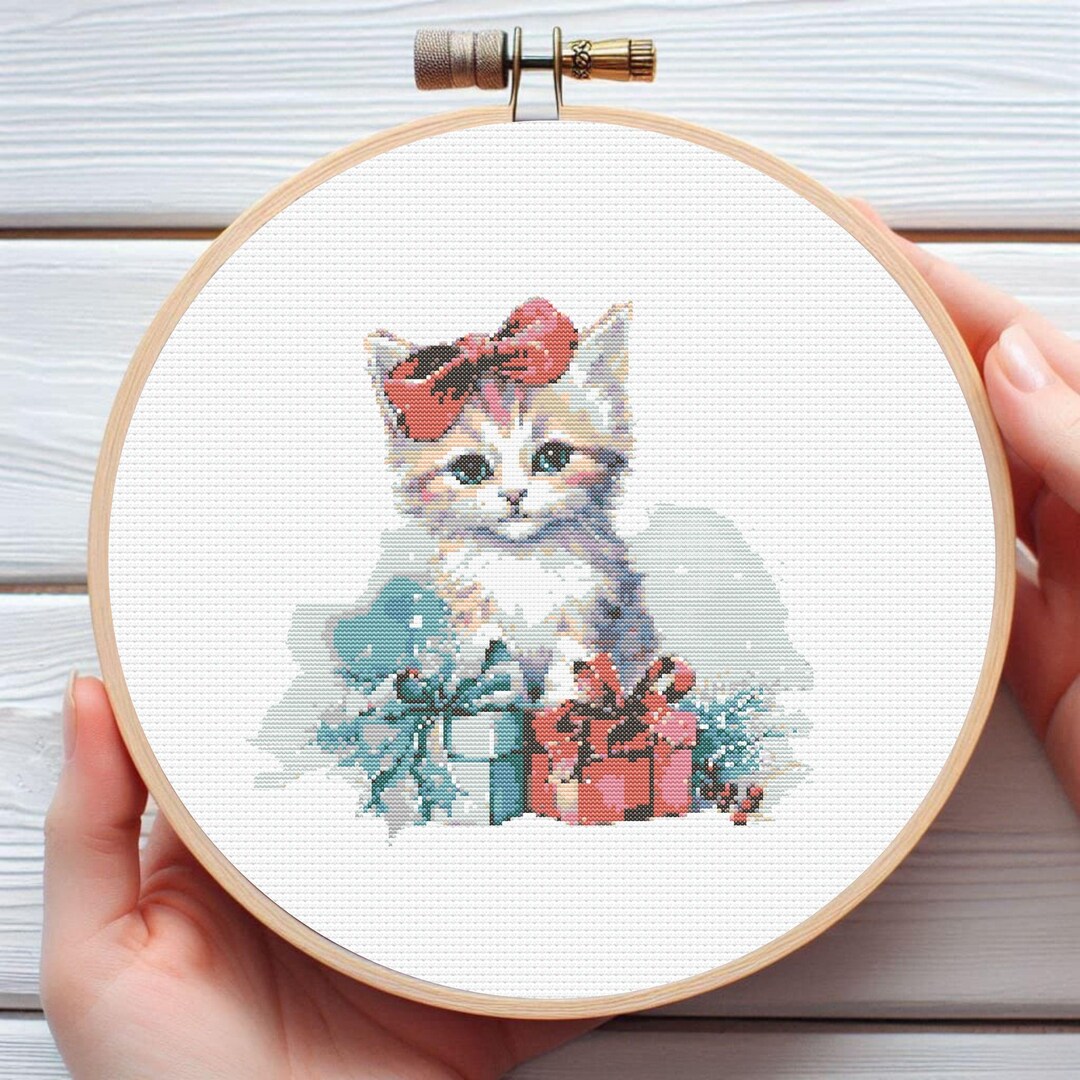 Christmas Cat Cross Stitch Pattern - Cute Kitten With Gifts (PDF ...