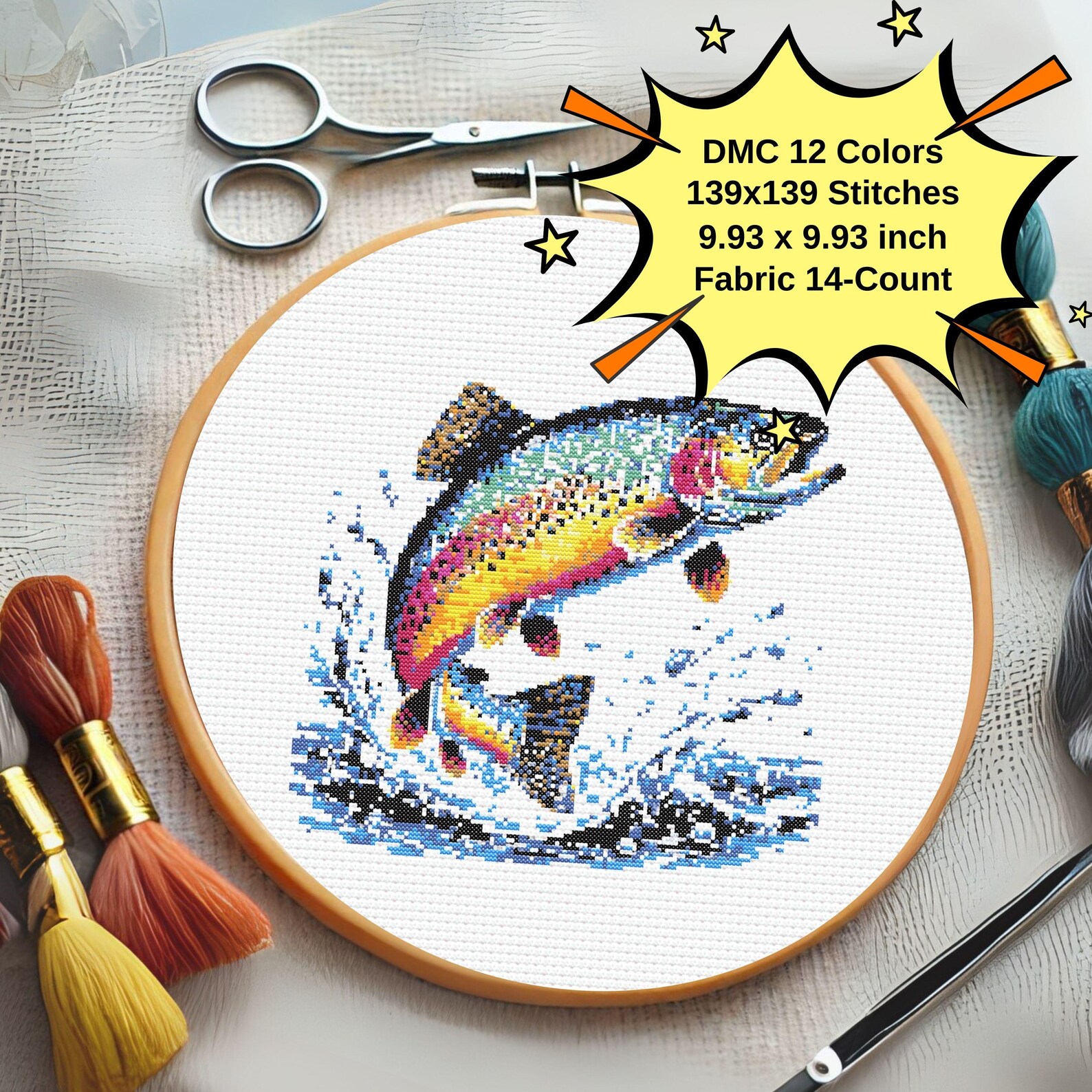 Rainbow Trout Cross Stitch Pattern - Colorful Fish Embroidery PDF ...
