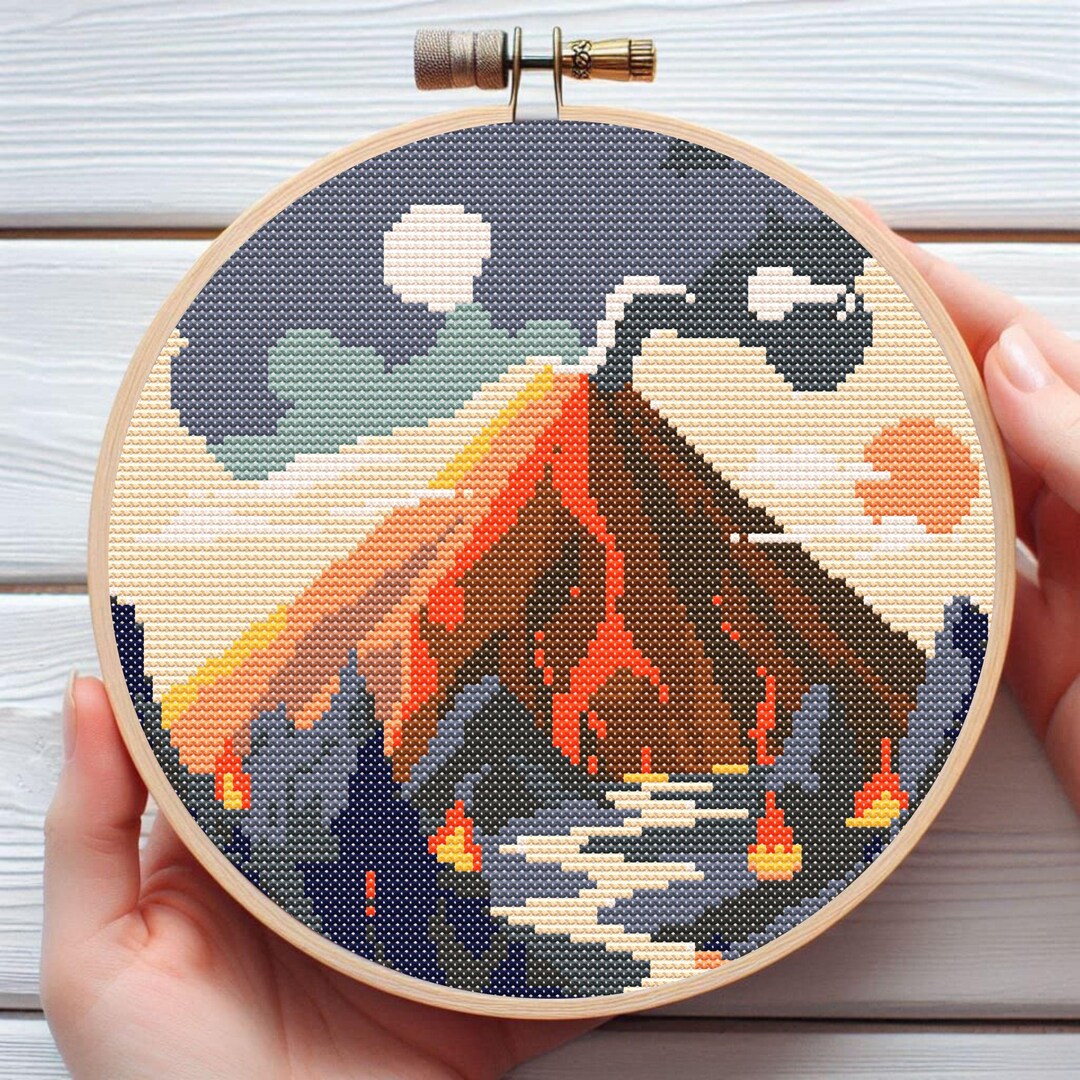 Volcano Eruption Landscape Cross Stitch Pattern - Downloadable Digital ...