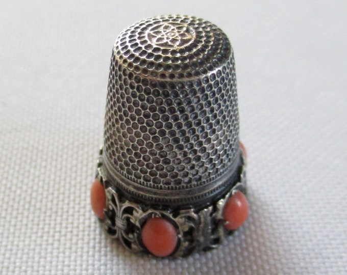 Vintage 800 Silver Engraved Thimble Coral Colored Stones - Etsy