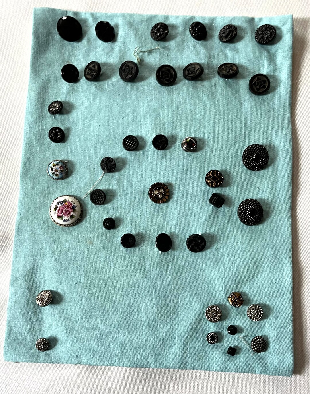 Vintage Button Display Card 40 Metal and Black Buttons on Blue Fabric ...