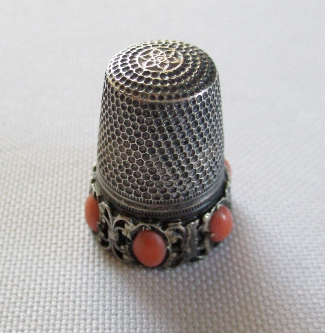 Vintage 800 Silver Engraved Thimble Coral Colored Stones - Etsy