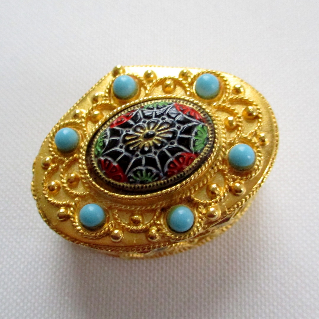 Vintage Florenza Pill Box Faux Turquoise and Multicolored Cabochon - Etsy