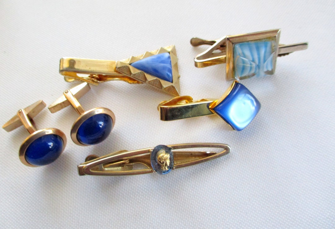 Vintage Blue Cuff Links and 4 Tie Clips Gold Tone - Etsy