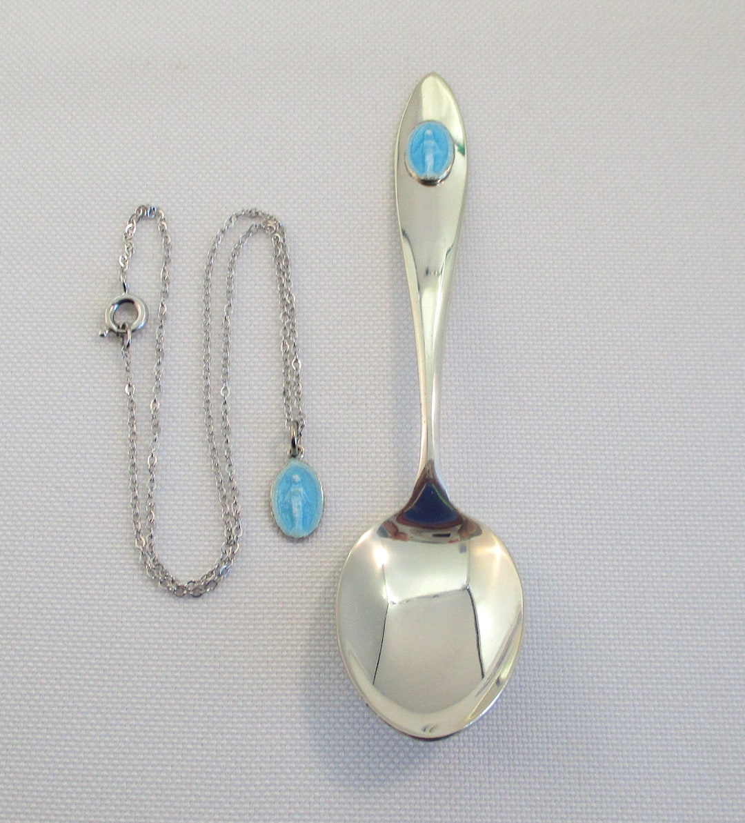 Vintage Blue Enamel Miraculous Medal Pendant Necklace and Baby Spoon ...