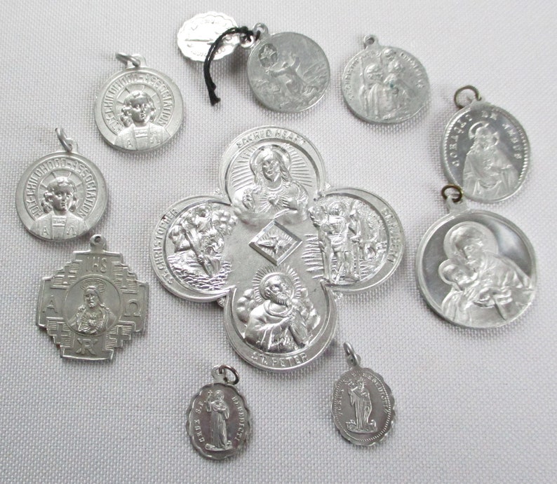 Vintage Group of Assorted Religious Medals and Brown Knotted Cord ...
