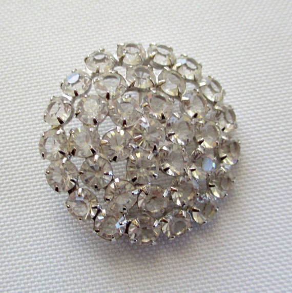 Vintage Clear Round Rhinestone Brooch Sterling Silver - Gem