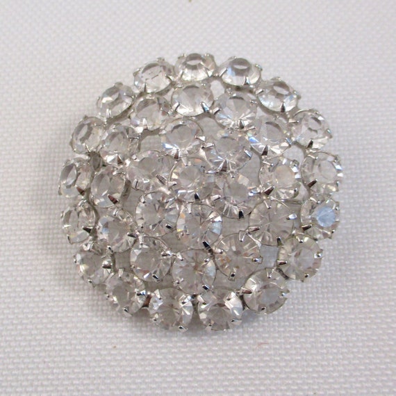 Vintage Clear Round Rhinestone Brooch Sterling Silver - Gem