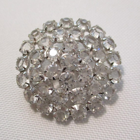 Vintage Clear Round Rhinestone Brooch Sterling Silver - Gem