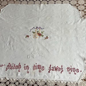 Vintage Embroidered Redwork Sewing Table Cover A Stitch in Time Saves ...