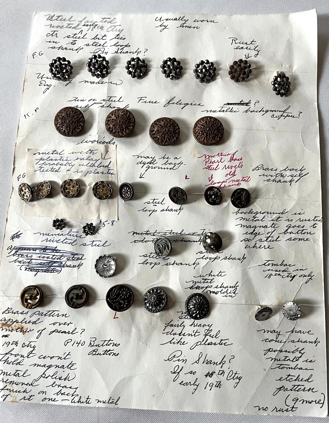 Vintage Button Display Card 31 Assorted Cut Steel, Brass, and Metal ...