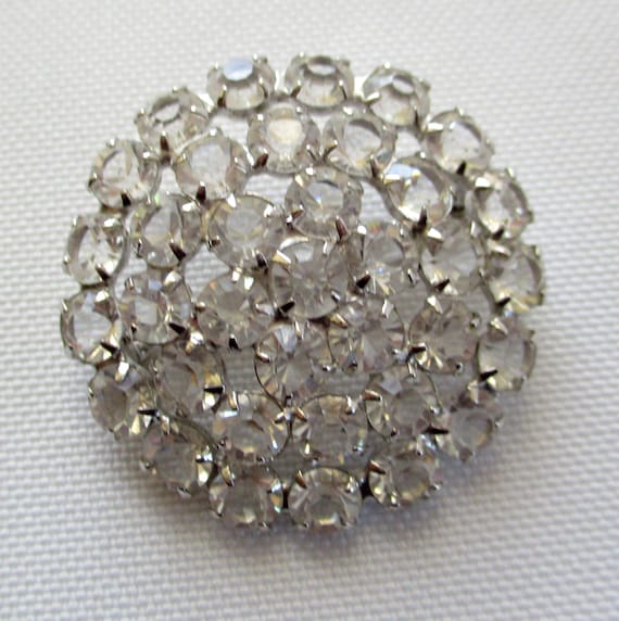 Vintage Clear Round Rhinestone Brooch Sterling Silver - Gem