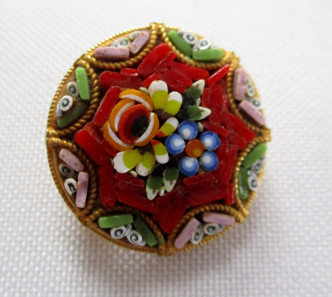 Vintage Red Round Mosaic Brooch Floral Design Made in Italy - Etsy