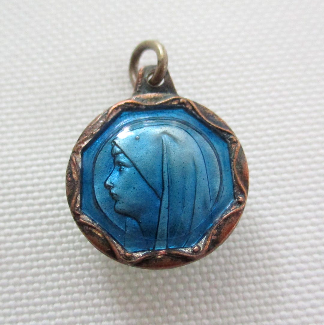 Vintage Blue Reliquary Our Lady of Lourdes Medal With Engraved Border ...
