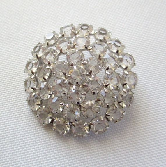 Vintage Clear Round Rhinestone Brooch Sterling Silver - Gem