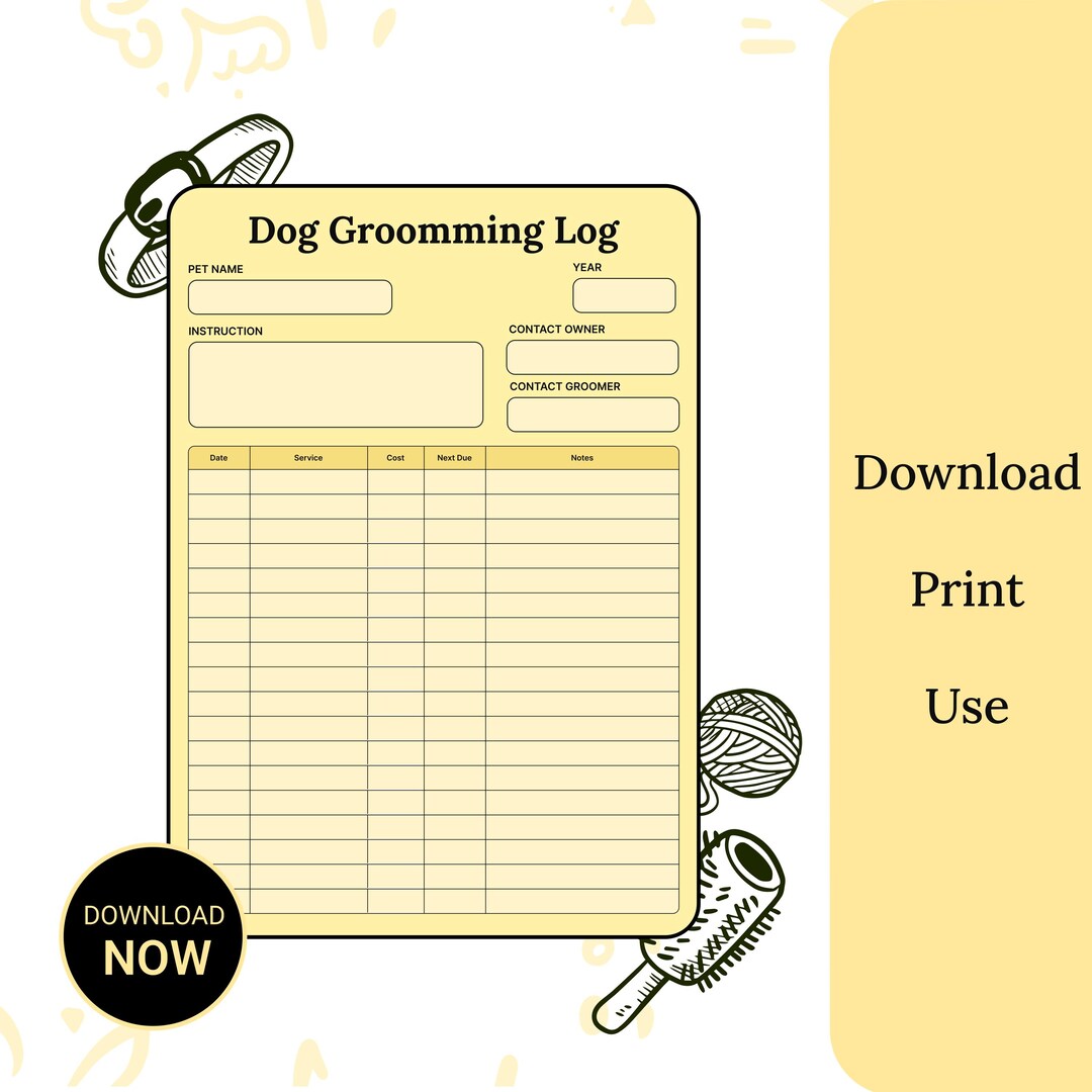 Dog Grooming Log Yellow, A4, A5 and Letter, Pet Grooming Schedule, Dog ...