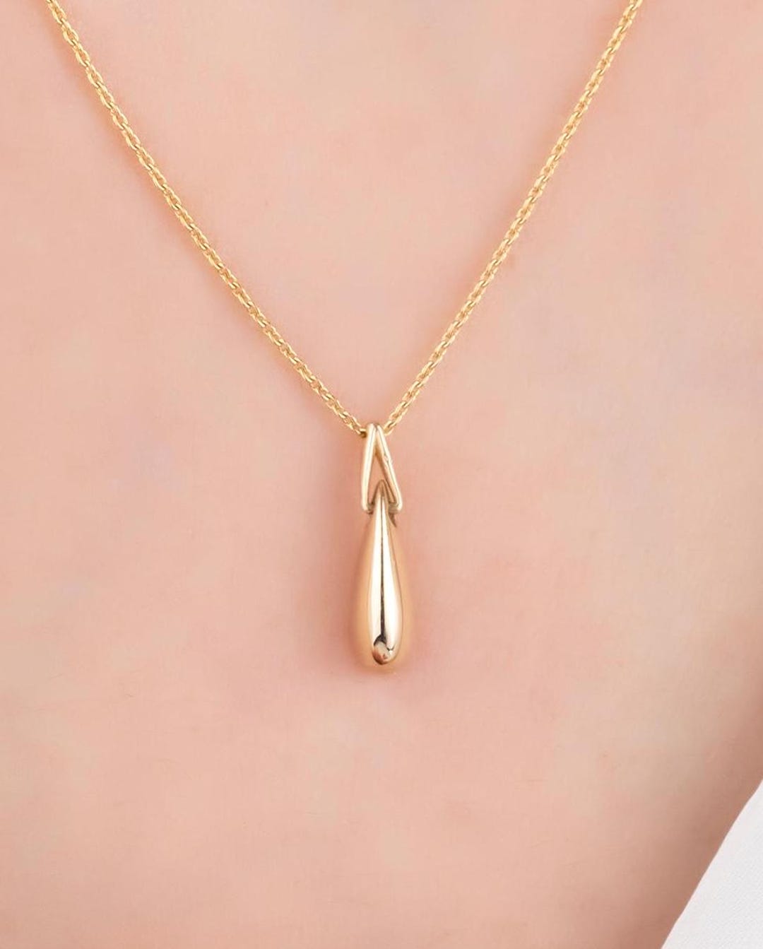 Elegant 14K Solid Gold Water Drop Pendant Necklace: Minimalist Dainty ...