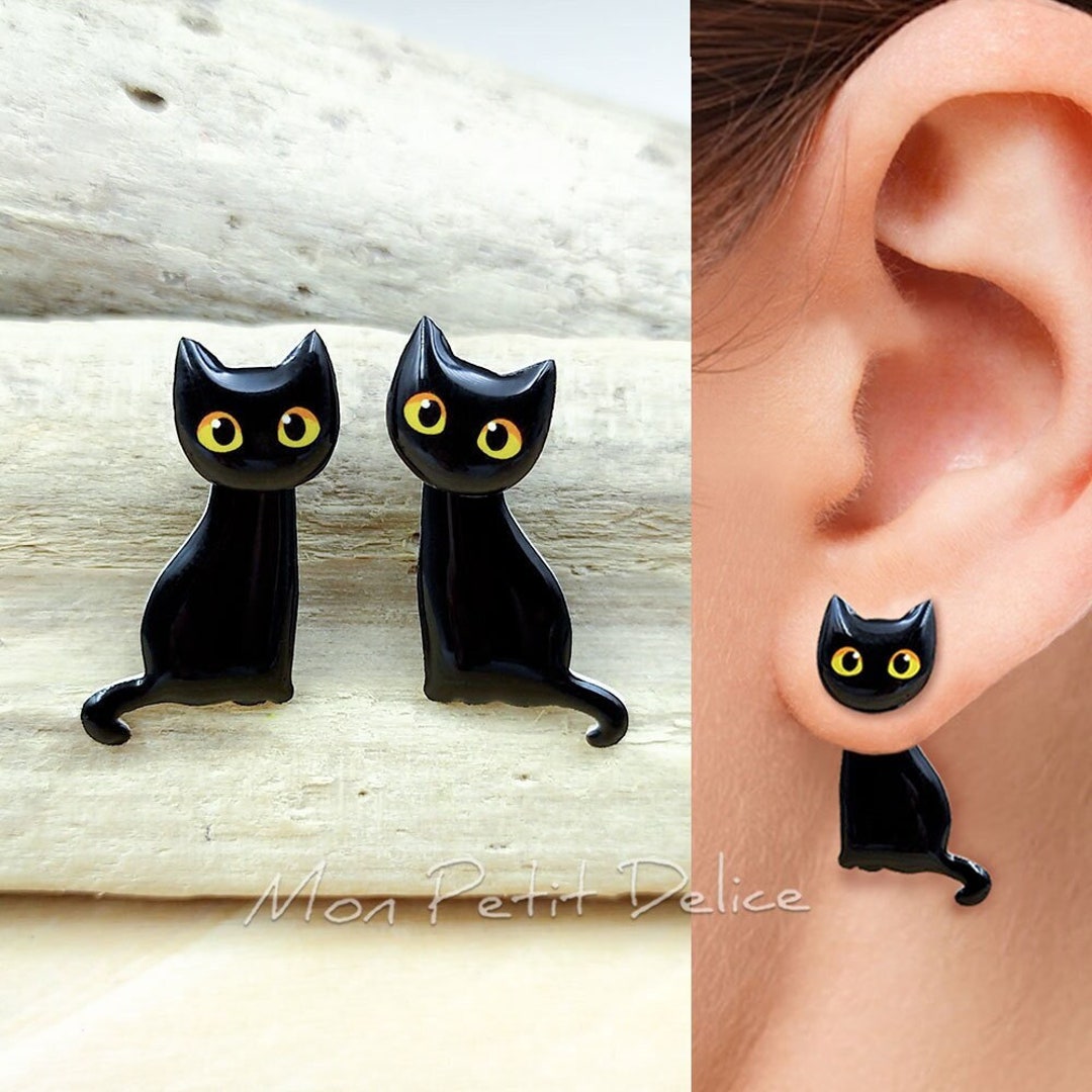 Black Cat Ear Jacket Earrings, Halloween Earrings, Cat Jewelry, Cat ...