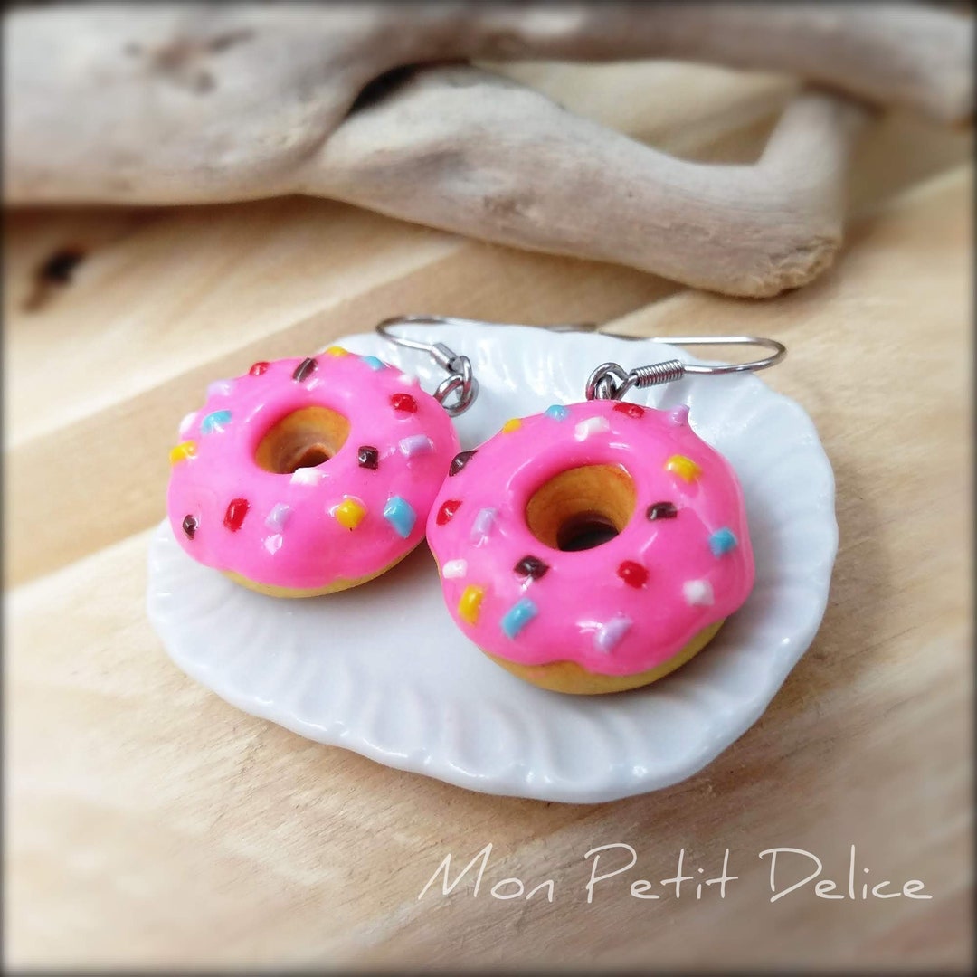 Pink Donuts Hook Realistic Earrings Miniature Polymer Clay Fake Food ...