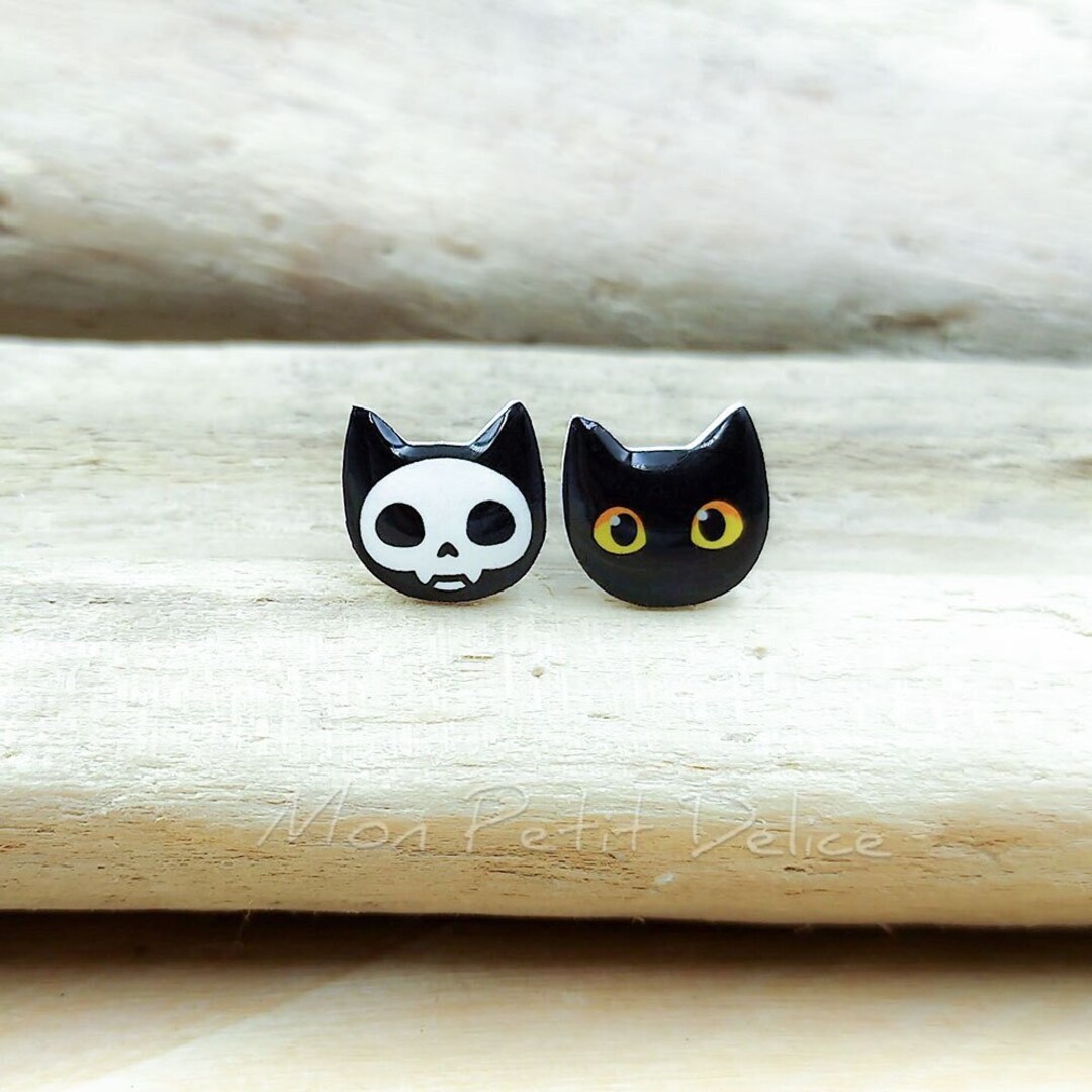 Black Cat Skeleton Mismatched Halloween Earrings: Hypoallergenic Steel ...