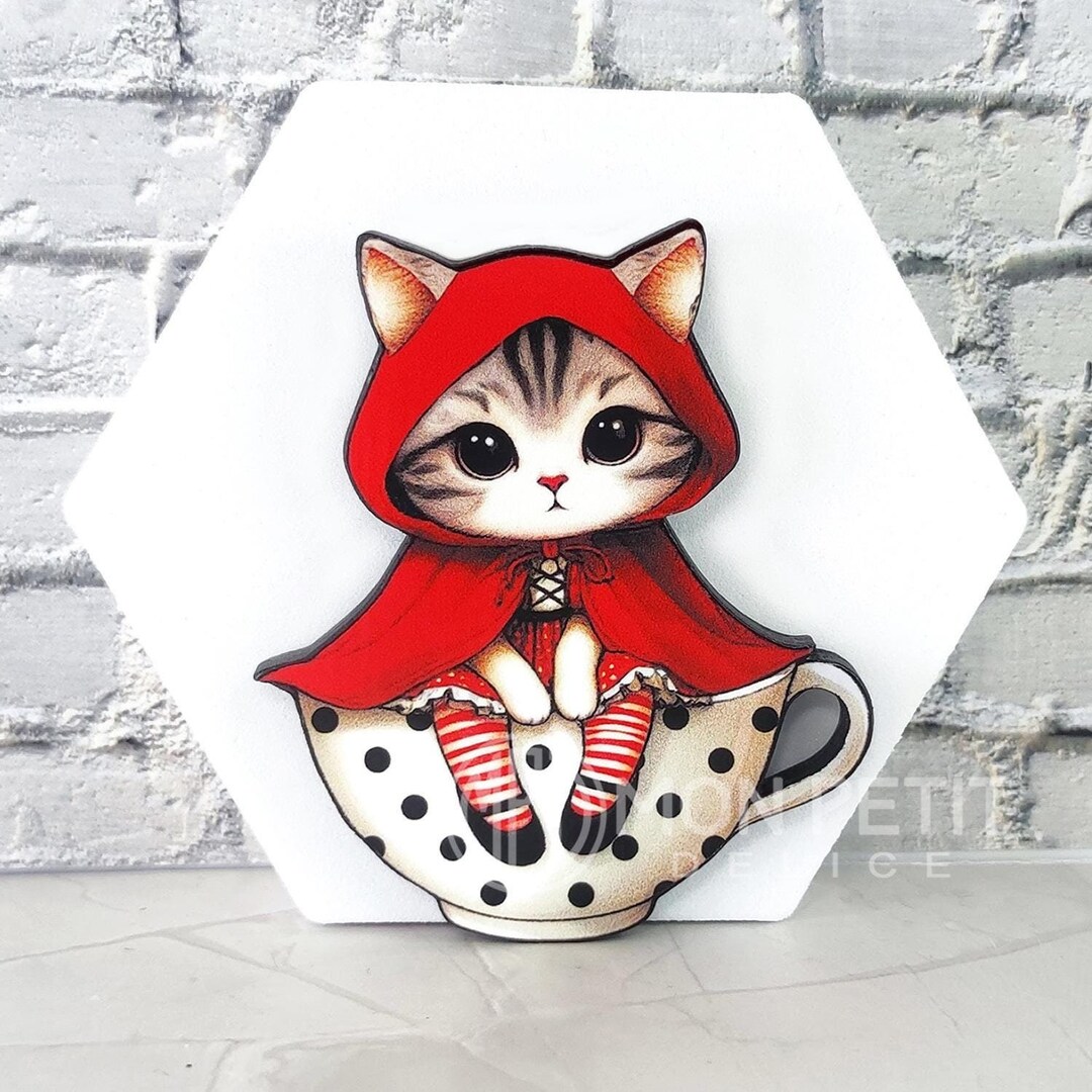 Little Red Riding Hood Cat Wooden Illustrated Brooch, Cat Jewelry, Cat ...