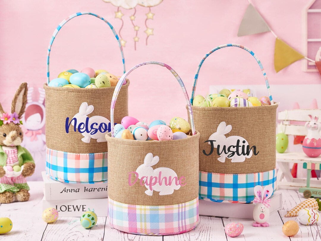 Personalized Easter Basket, Embroidered Linen Burlap, Kids Easter Egg ...