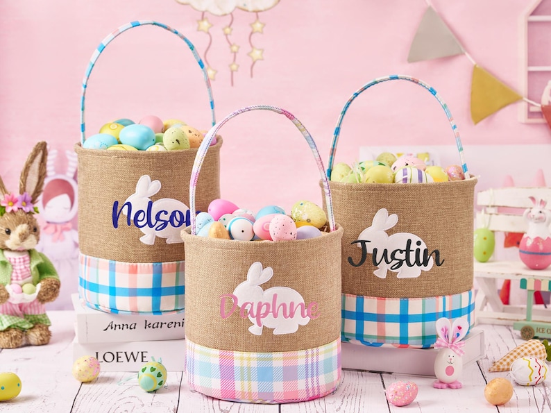 Personalized Easter Basket, Embroidered Linen Burlap, Kids Easter Egg ...