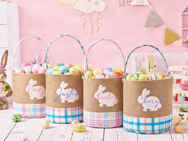 Personalized Easter Basket, Embroidered Linen Burlap, Kids Easter Egg ...