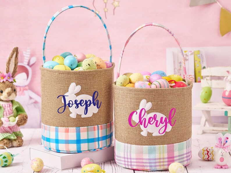Personalized Easter Basket, Embroidered Linen Burlap, Kids Easter Egg ...
