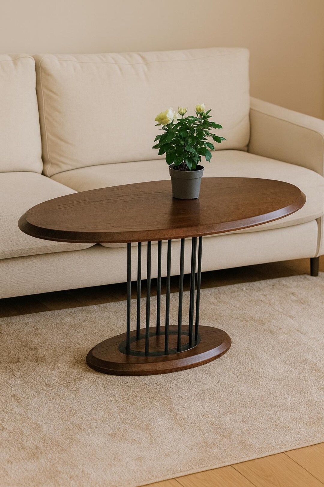 Oval Oak Coffee Table, Metal Rod Base, Minimalist Furniture - Etsy