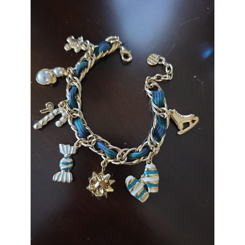 Talbots Christmas Charm Bracelet Enamel Charms Goldtone With Green ...