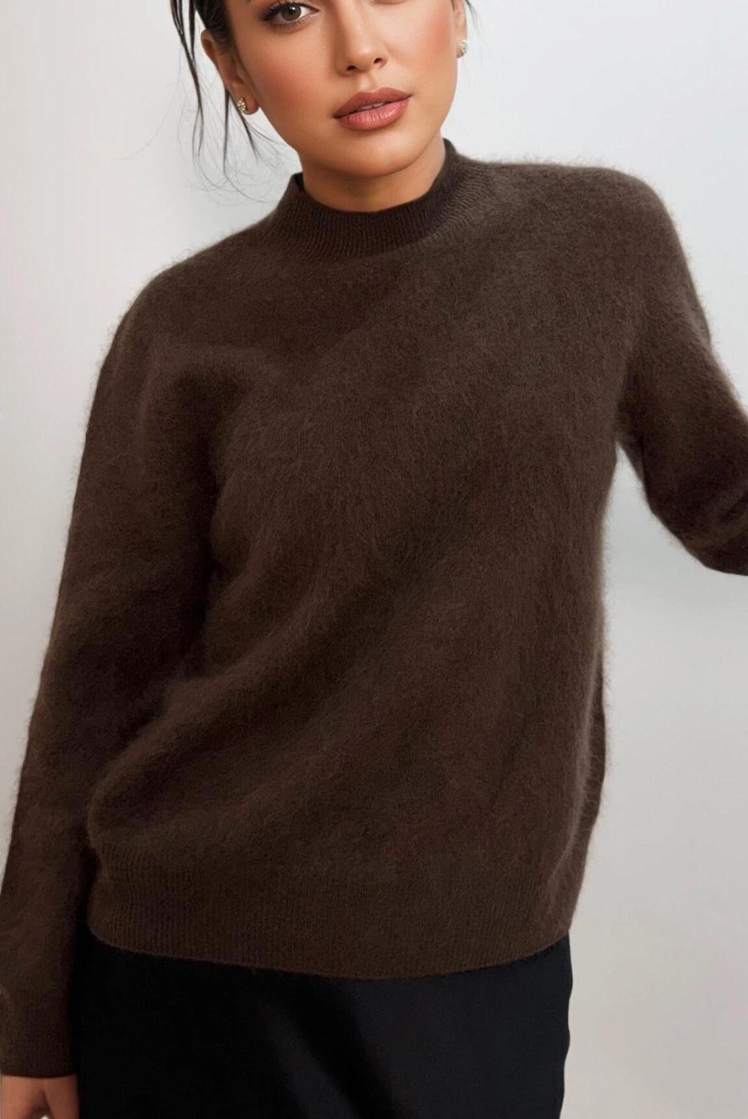 Brushed Cashmere Wool Crew Neck Sweater Dark Brown - Etsy