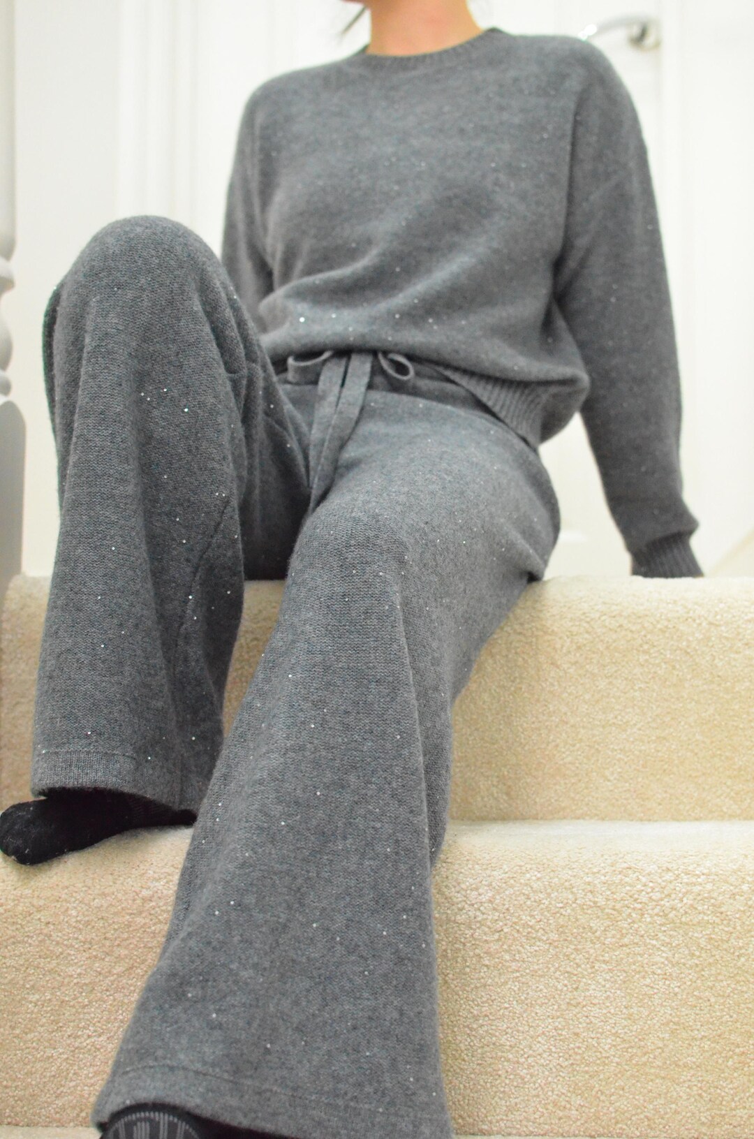 Cashmere Wool Blend Sweater Set: Sparkling Beads, Adjustable Trousers ...
