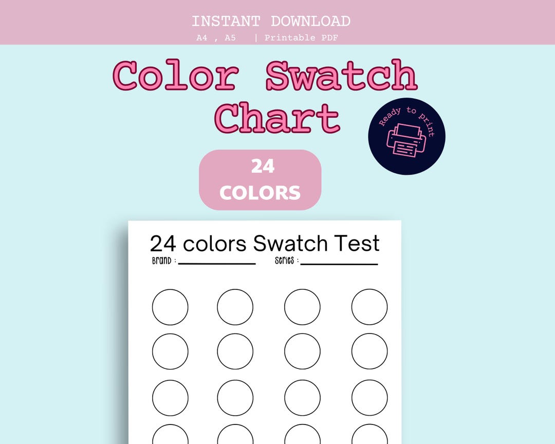 Color Swatch Chart Printable, 24 Color Test Sheet, A4 A5 Color Palette ...